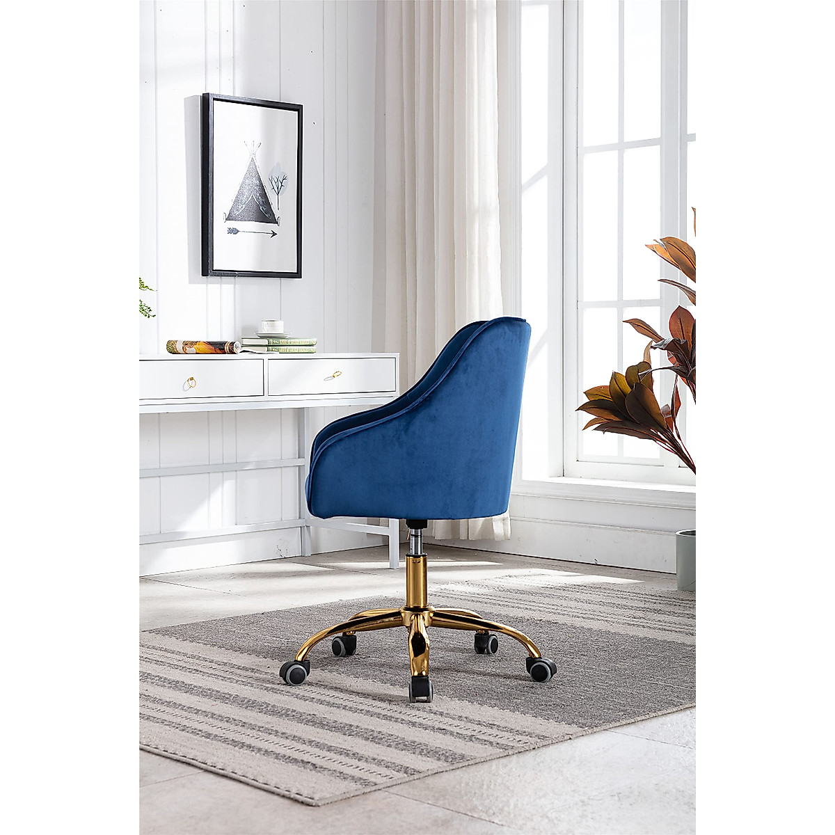 KUIKUI Velvet Desk Chair, Modern Office Chair, Wheels Swivel Height Adjustable Swivel Task Chair for Home Office,Navy Blue