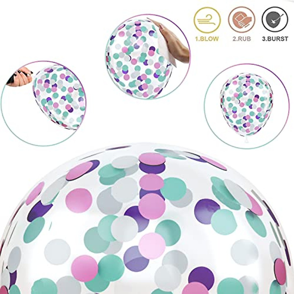 Mermaid Party Balloons 60 Pack, 12 Inch Metallic Purple Tiffany Blue Teal Green White Confetti Latex Helium Balloons for Girls Baby Shower Unicorn Mermaid Theme Birthday Party Decorations Wedding