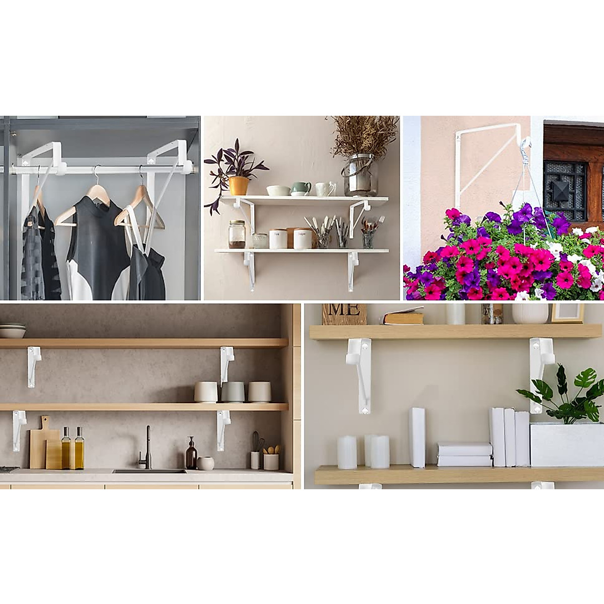 4Pack Closet Shelf Brackets, Heavy Duty Closet Rod & Shelf Brackets, 11 Inch Closet Brackets with Rod Holder, Hanger Pole Support Bracket for Clothes, Wall Mount Closet Rod Brackets with Screws-White