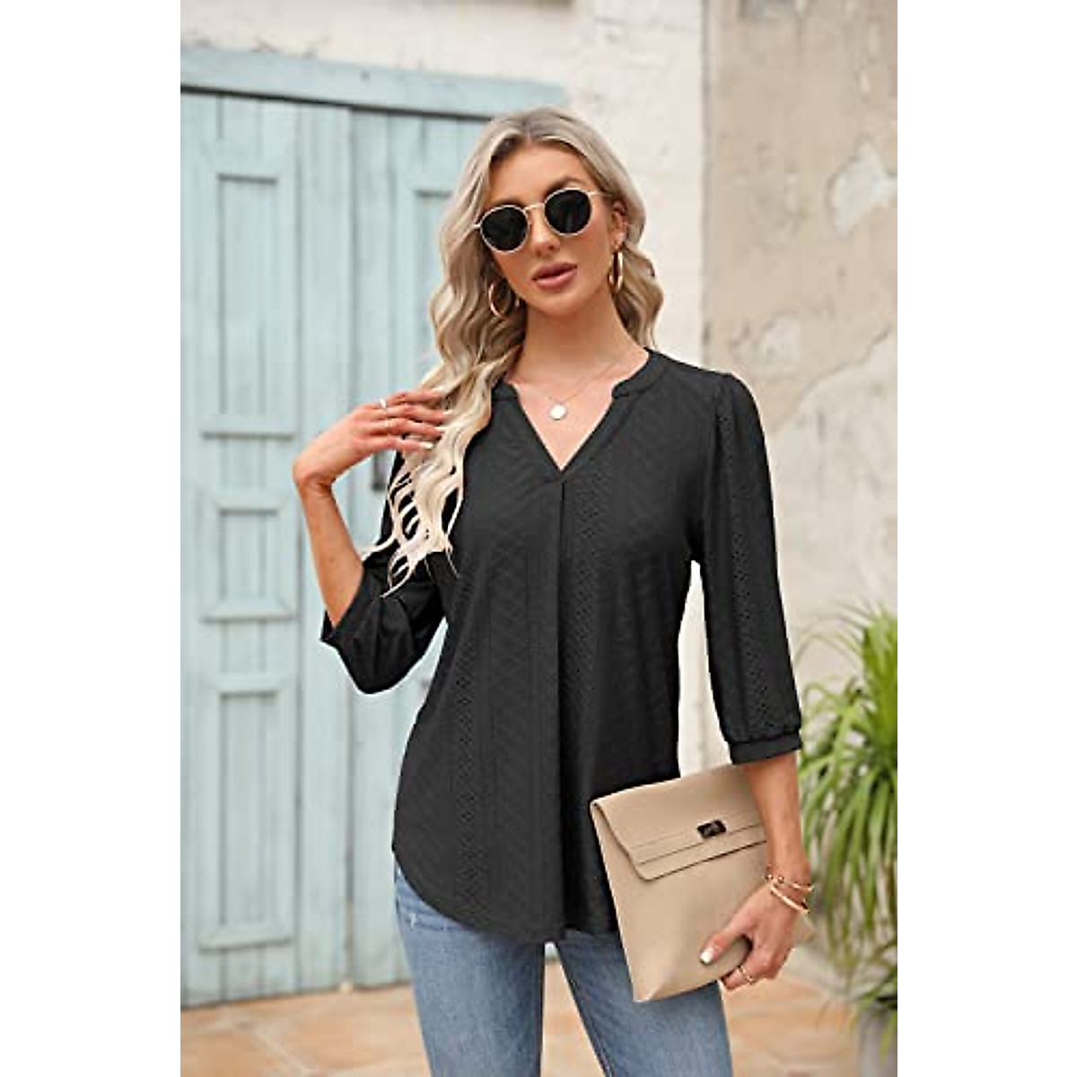 FMEYOA Women's 3/4 Sleeve Tops Eyelet Dressy Casual V Neck Blouses T Shirts(Black,X-Large)