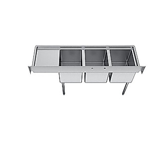 Elkay Foodservice 3 Compartment Sink, 54.5"X25.75" OA, 36" Working Height, 16X20 Bowl, 14 Deep, 9.75" Backsplash, Right 18" Drainboards, 8" On Center Faucet Hole, Galvinized Legs, Adjustable Feet, 16 Gauge 300 Series Stainless Steel, NSF Certified