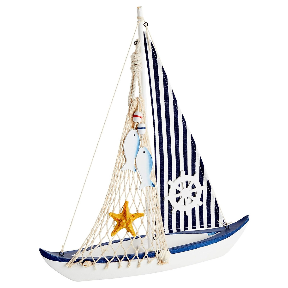 Juvale Sailboat Model Decoration - Wooden Sailing Boat Home Decor Set, Beach Nautical Design, Navy Blue and White with Ship's Wheel, 13 x 15 x 3 Inches