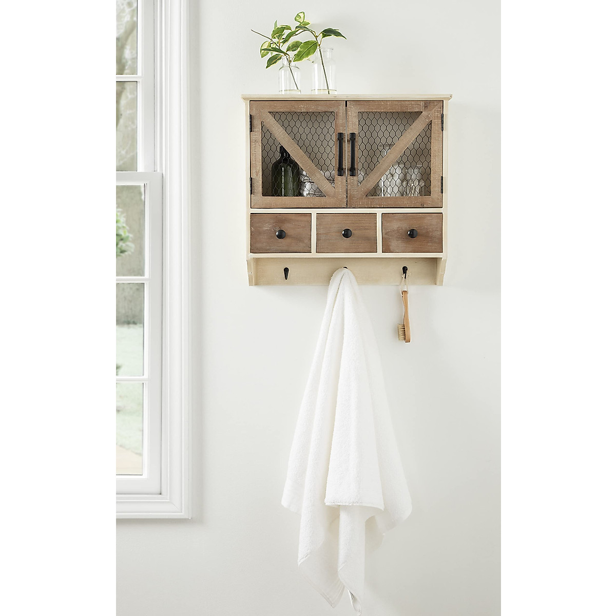 Kate and Laurel Hutchins Wooden Farmhouse Wall Cabinet, 21 x 6 x 20, Rustic Brown and White, Decorative Rustic Cabinet with Three Drawers and 2 Chicken Wire Doors