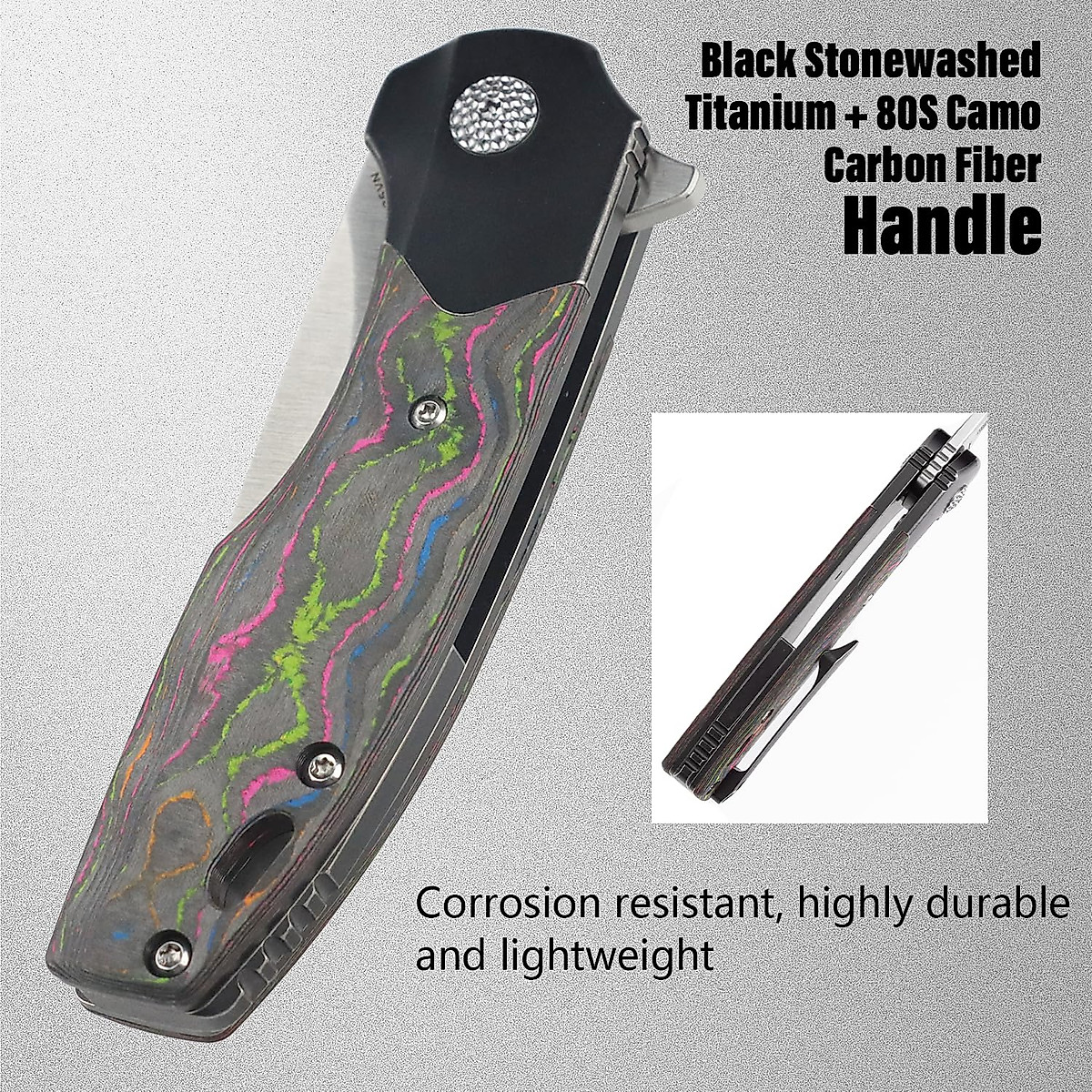 KANSEPT Cassowary Premium Pocket Folding Knives for Men EDC Pocket Knife 2.9'' Satin CPM S35VN Blade Excellent Folding Knife with Black Stonewashed Titanium + 80S Camo Carbon Fiber Handle EDC K2065B1