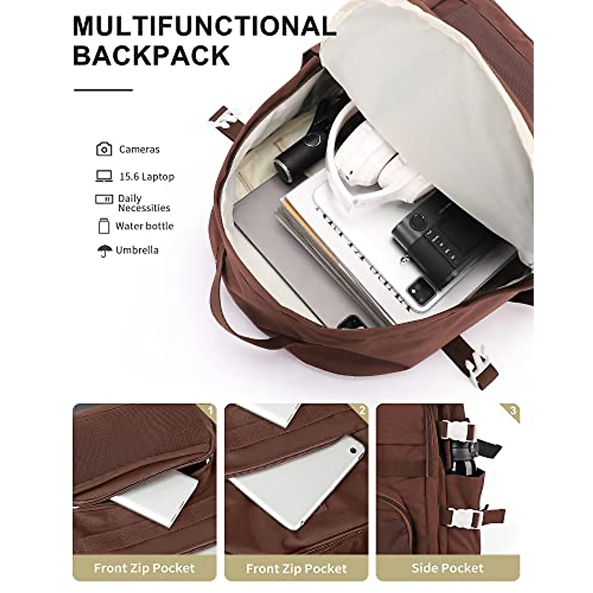 VGOCO School Backpack for Women Mens, Casual Travel Daypack,Waterproof Rucksack with laptop compartment Business Casual Daypack for Hiking for Women Men Coffee