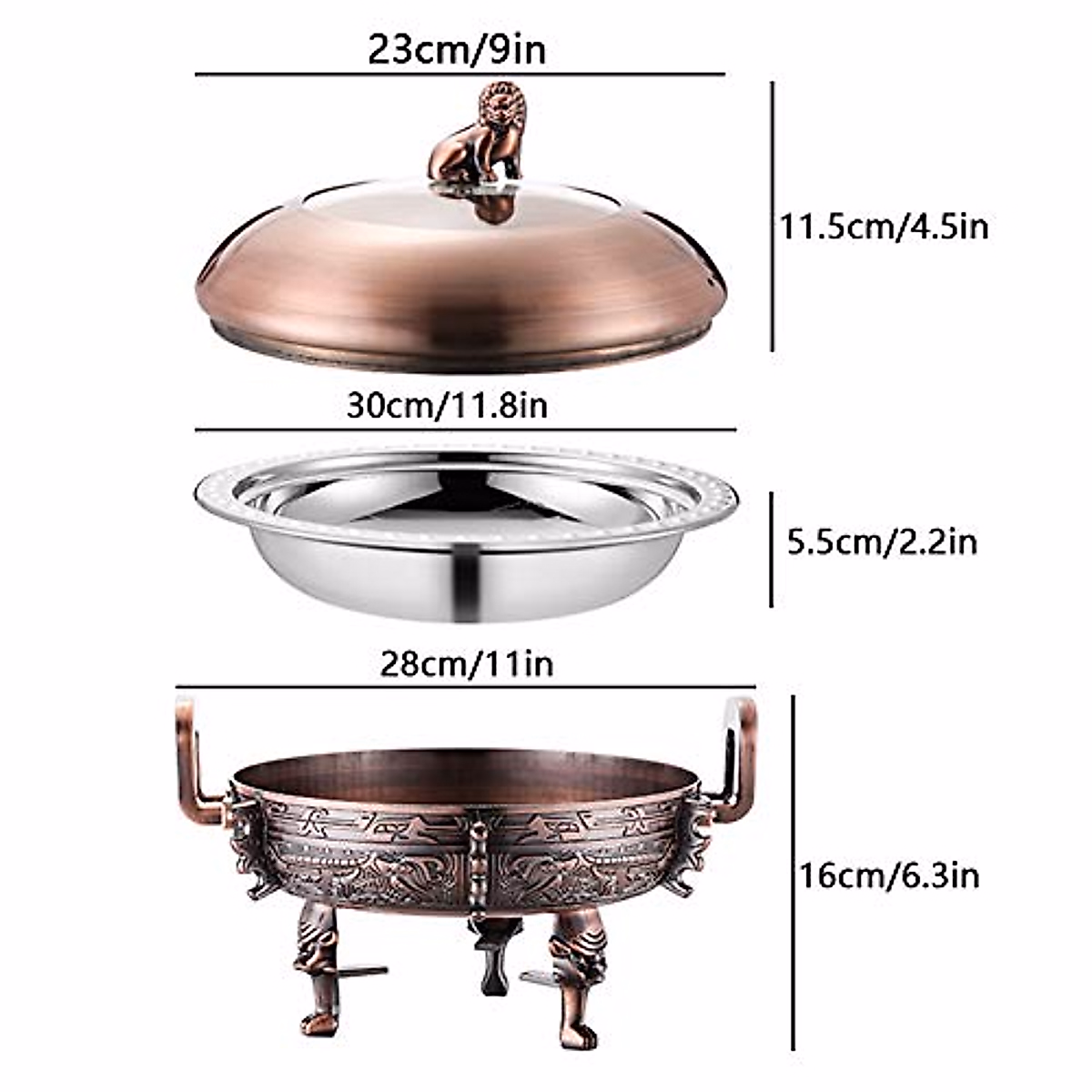 Adima Round Chafing Dish, 3L Stainless Steel Complete Chafer Warmers Set W/Food Pans, Aluminum Stand, Visible Pot Lid And Fuel Holders for Weddings, Buffet, Parties,Red copper