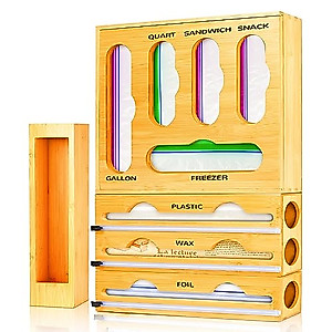 Alicenize 9 IN 1 Ziplock Bag Storage Organizer for Kitchen Drawer and Plastic Wrap Dispenser with Cutter | Bamboo Foil and Plastic Wrap Organizer | Compatible with a variety size of storage bags