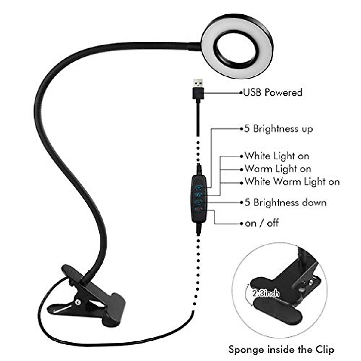 Semlos Clip on Light Reading Light - 24 LED USB Book Light, 3 Color Modes, 10 Brightness Dimmer, Memory Function, Auto Timer, Eye Protection Desk Clamp Lamp, 360 ° Flexible Gooseneck Bed Night Lights