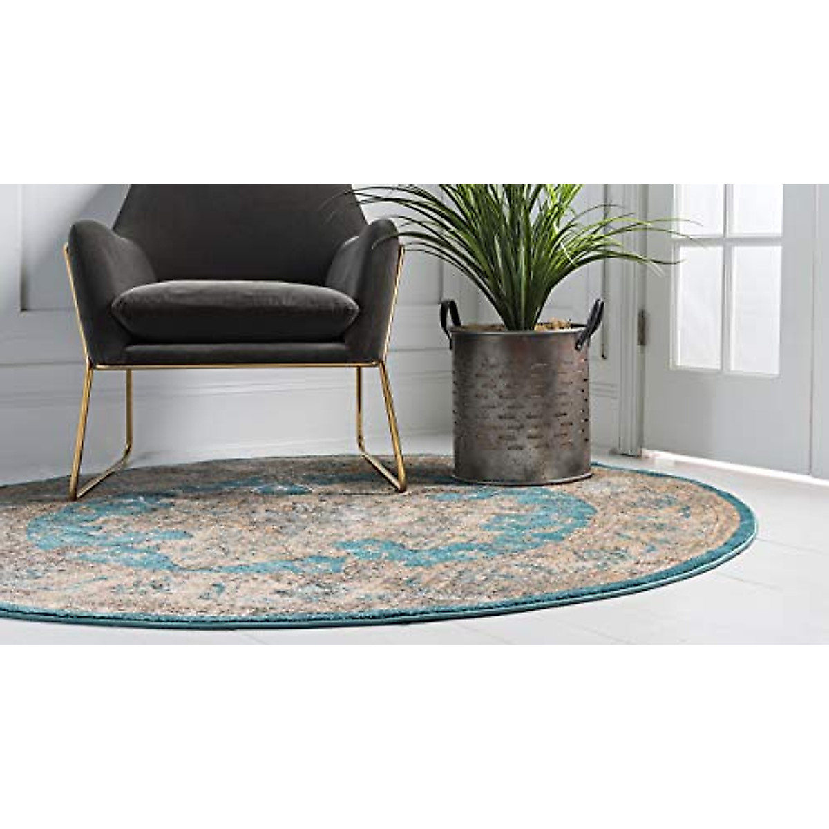 Unique Loom Aurora Collection Over-Dyed, Abstract, Botanical Southwestern, Transitional Area Rug, 8 ft x 8 ft, Teal/Beige