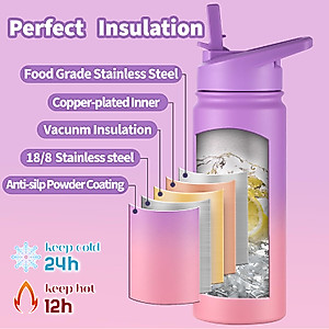 Mininoo Kids Water Bottle for School, 16oz Stainless Steel Insulated Water Bottle Kids with Straw Lid for Girls, Boys (Purple/Pink)