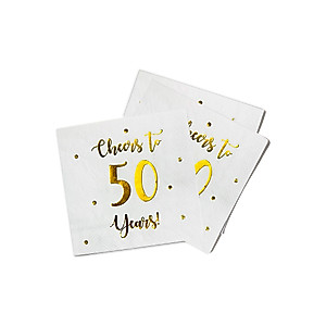 Cheers to 50 Years Cocktail Napkins | Happy 50th Birthday Decorations for Men and Women and Wedding Anniversary Party Decorations | 50-Pack 3-Ply Napkins | 5 x 5 inch folded (White)
