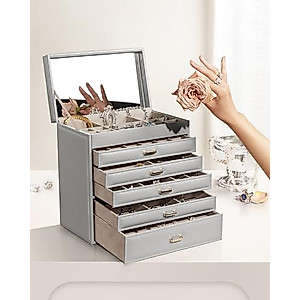 Vlando 6 Tier Large Jewelry Box for Women - Big Jewelry Organizer with Mirror, Jewelry Box Organizer for Drawer Necklace Ring Bracelet and Watch, Gift for Loved Ones Gray