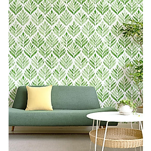 HAOKHOME Boho Peel and Stick Wallpaper Floral Tulip Leaves Green/White Removable Bathroom Kitchen Contact Paper Home Wall Decor 17.7in x 9.8ft
