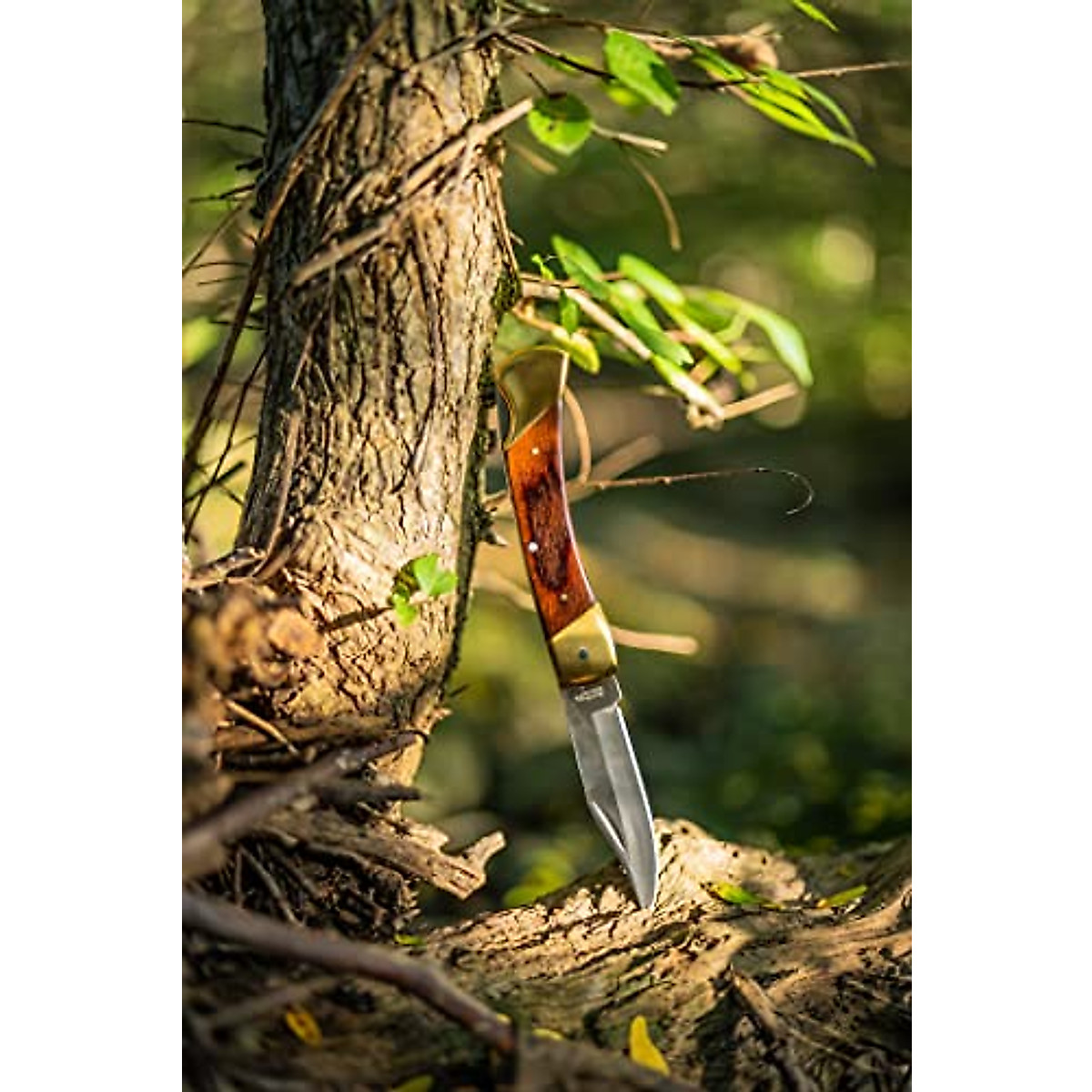 Uncle Henry LB7CP Bear Paw Traditional Lockback Pocket Knife with 3.7in Clip Point High Carbon S.S. Blade, Wood Handle, Brass Bolsters, and Leather Belt Sheath for EDC, Hunting, Camping, and Outdoors,Brown
