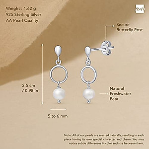 Amberta Women 925 Sterling Silver Freshwater Pearl Earrings: 5 mm Silver Pearl Drop Earrings - Silver