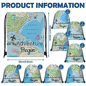 Ferraycle 16 Pieces World Map Drawstring Bags Let the Adventure Begin Travel Farewell Themed Party Decorations Travel Party Candy Goodie Bags for Kids (Classic Style)