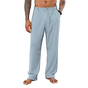 PASLTER Mens Casual Cotton Linen Pants Loose Fit Elastic Waist Yoga Beach Trousers with Pockets Grey