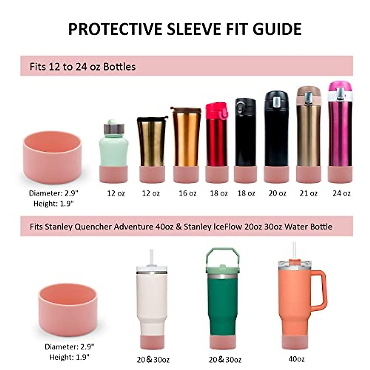 2Pcs Protective Silicone Boot For Stanley Quencher Tumbler 30 oz 40 oz & IceFlow 20oz 30oz & Hydro Flask Water Bottle 12-24oz - Cup Bottom Sleeve - Stanley Cup Accessories (pink)