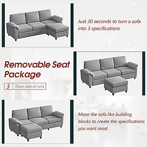 Vongrasig 79" Convertible Sectional Sofa Couch, 3 Seat L Shaped Sofa with Removable Pillows Linen Fabric Small Couch Mid Century for Living Room, Apartment and Office (Light Grey)