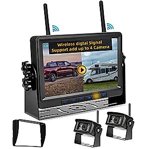 FHD 1080P Wireless Backup Camera Kit 7” LCD Monitor with Blue Backlit Buttons Support Split Screen Two Cameras IP69 Waterproof IR Night Vision for Bus/RV/Truck/Trailer/Motorhome/Boat