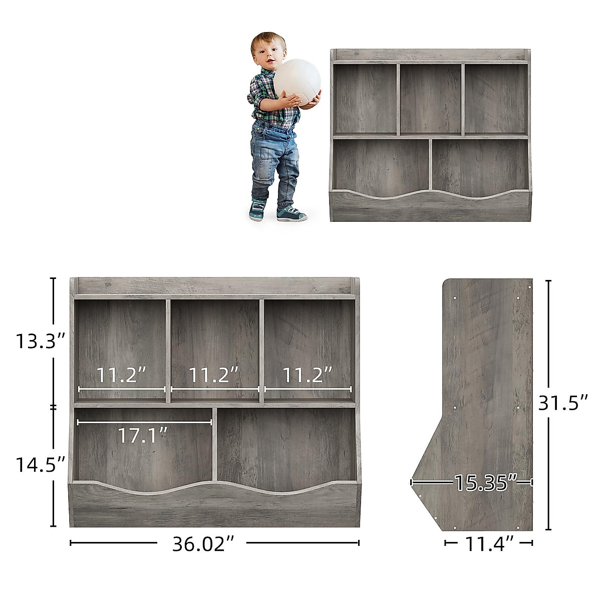 IDEALHOUSE Toy Storage Organizer, Bookshelf for Kids, 5 Cubby Bookcase Footboard, Wood Toys Storage Cabinet, Toddler Book Toy Shelf for Playroom, Bedroom, Nursery, Hallway, School, Grey