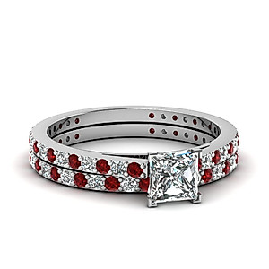 55Carat Classic Delicate Diamond Wedding Set 925 Sterling Silver Created Ruby Princess shape Red colorWedding Ring Sets Prong Setting in Size 7