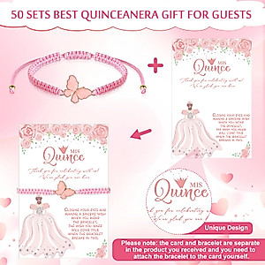 Wenqik 50 Set Quinceanera Gift for Guests Quinceanera Party Favors Butterfly Wish Bracelets Adjustable Butterfly Bracelet with Wish Cards Thank You Card and Organza Bag for 15 Year Birthday Supply