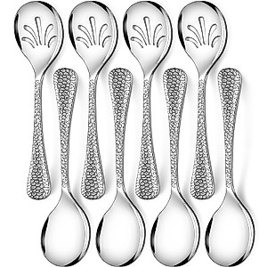 Teivio Hammered Stainless Steel Metal Serving Utensils Set of 8, 10" Serving Spoons, 10" Slotted Spoons, Large Hostess Serving Set for Parties Chafing Dish Buffet Catering (Silver)