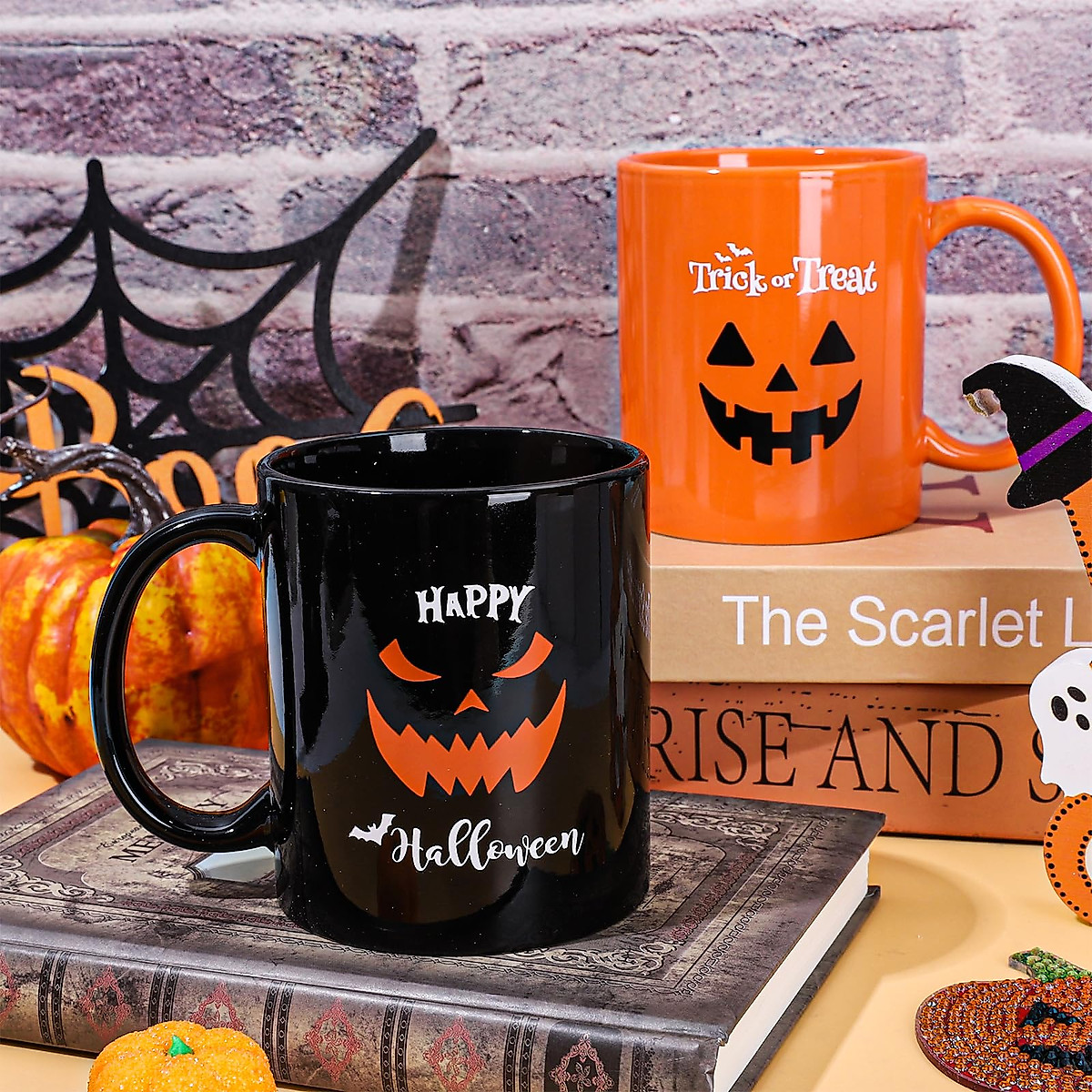 Whaline 2Pcs Halloween Mug Set 12oz Pumpkin Holiday Coffee Mugs Happy Halloween Trick or Treat Ceramic Drinking Mugs for Home School Office Table Centerpieces Housewarming Gift