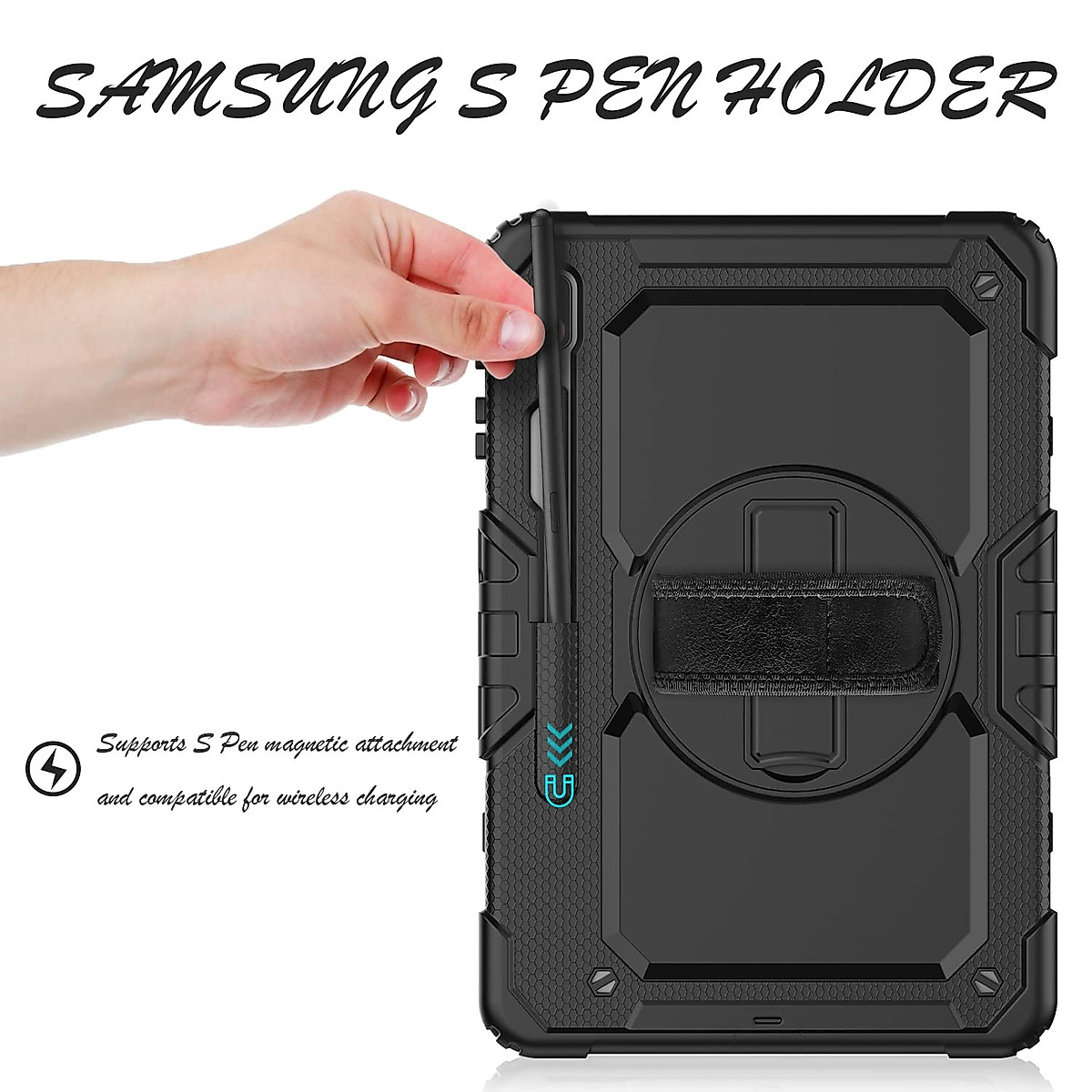 BASE MALL Tablet Case for Samsung Galaxy Tab S8 Plus 2022/S7 FE/S7 Plus 5G 12.4-inch [with Tempered Glass Screen Protector], [Shockproof],Rotatable Kickstand,S Pen Holder,Hand/Shoulder Strap (Black)