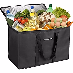 Homemell Insulated Reusable Grocery Shopping Bag with Zippered Top - Hot Delivery Bags Carrier - Keep Frozen Food Cold and Hot Food Warm - Hot Pizza Carrier- Collapsible and Foldable Large Travel Bag - Black Thermal Insulated Cooler Tote Bags