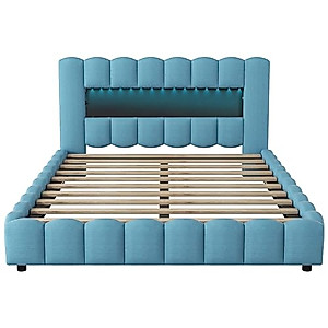 HAUSHECK Upholstered Bed Frame Queen Size with Large Underneath Storage, LED Headboard and USB Ports, Queen Floor Bed Frame w/Wooden Slats Support, Modern Platform Bed No Box Spring Needed