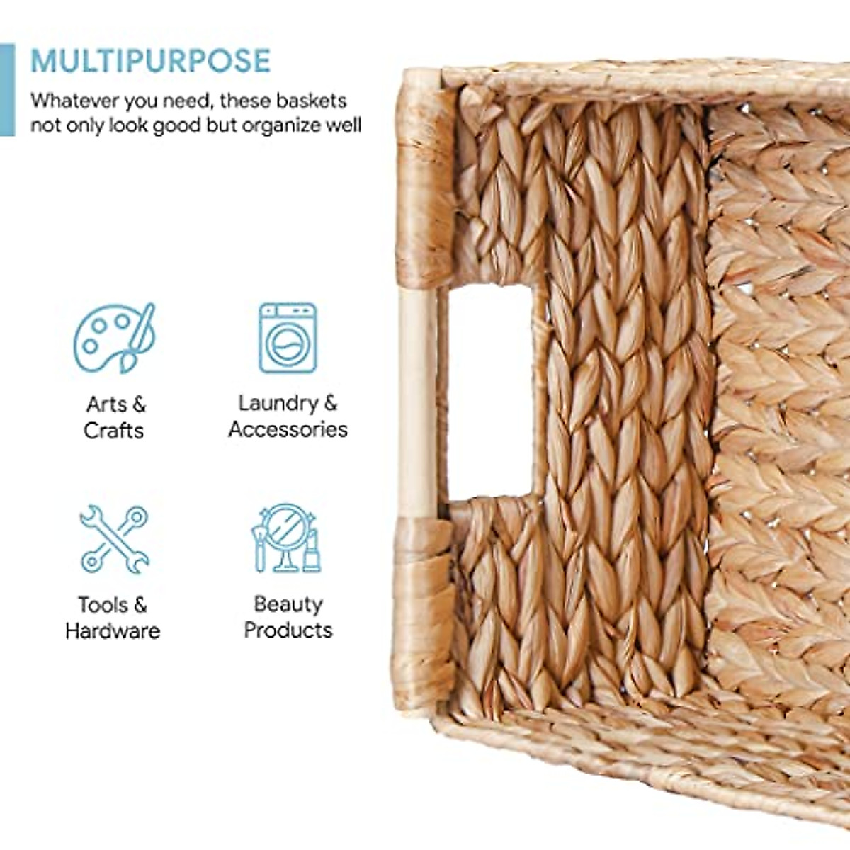 Large Wicker Basket Rectangular with Wooden Handles for Shelves, Water Hyacinth Basket Storage, Natural Baskets for Organizing, Wicker Baskets for Storage 15.5 x 10.8 x 6.2 inches