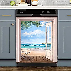 Greture Seaside View Kitchen Dishwasher Front Cover Magnetic Sticker, Refrigerator Panel Decal, Kitchen Utensils Sticker Decoration 23W x 26H Inch