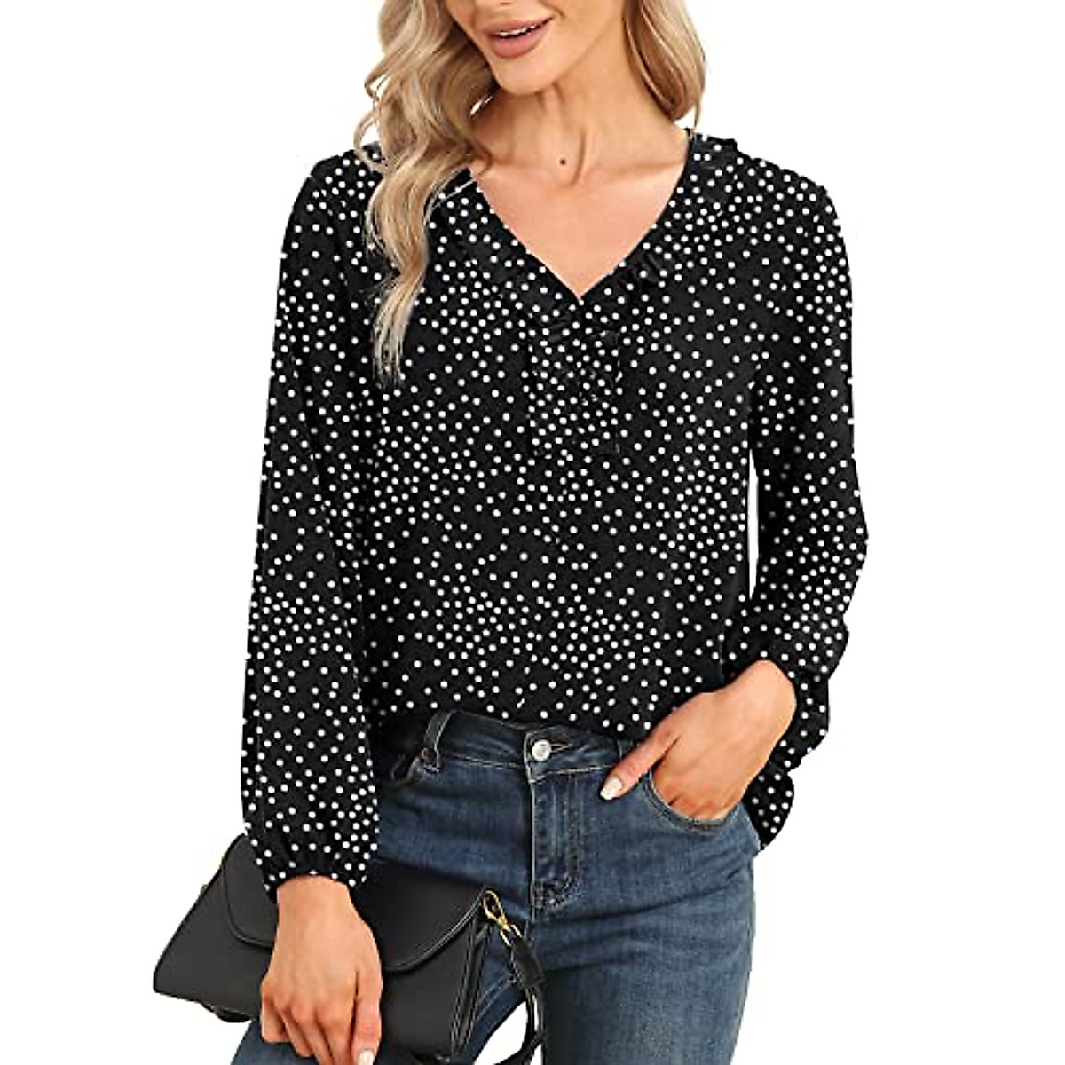 VIISHOW Black Dot Polka Dot Tops Fashion Casual V Neck Ruffled Womens Blouse (Black Dot, Medium)