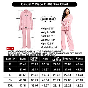 kaimimei Casual 2 Piece Outfit for Women - Linen Long Sleeve Button Down Shirt + Flare Pleated Wide Leg Pants Sets Streetwear