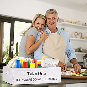 Mandikays| Large Rustic Paper Plate Caddy for Kitchen Countertop| Wooden Utensil Holder for Plates, Cups, Forks, Knives, Spoons, Straws Napkins and Condiments| 6 Compartments| White Flatware Organizer