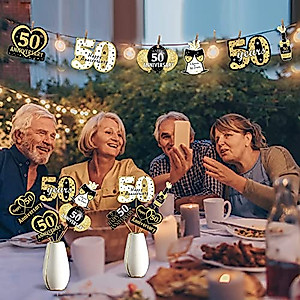 24pcs Happy 50th Anniversary Decorations Table Centerpiece Sticks, Black Gold 50 Year Wedding Anniversary Tables Topper Party Supplies, Fifty Anniversary Sign Decor