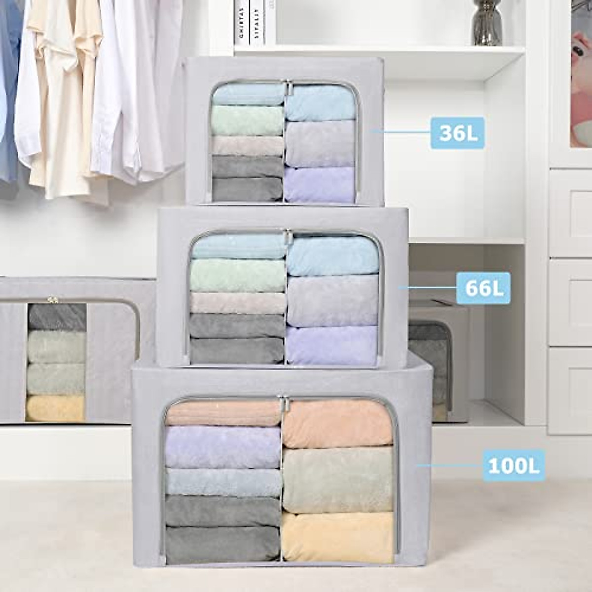 2Pack Stackable Storage Bins Oxford Frame Storage Box with Clear Window, Label Holder, Durable Carry Handles (Light Grey, 3x36L-15.7x11.8x11.8)