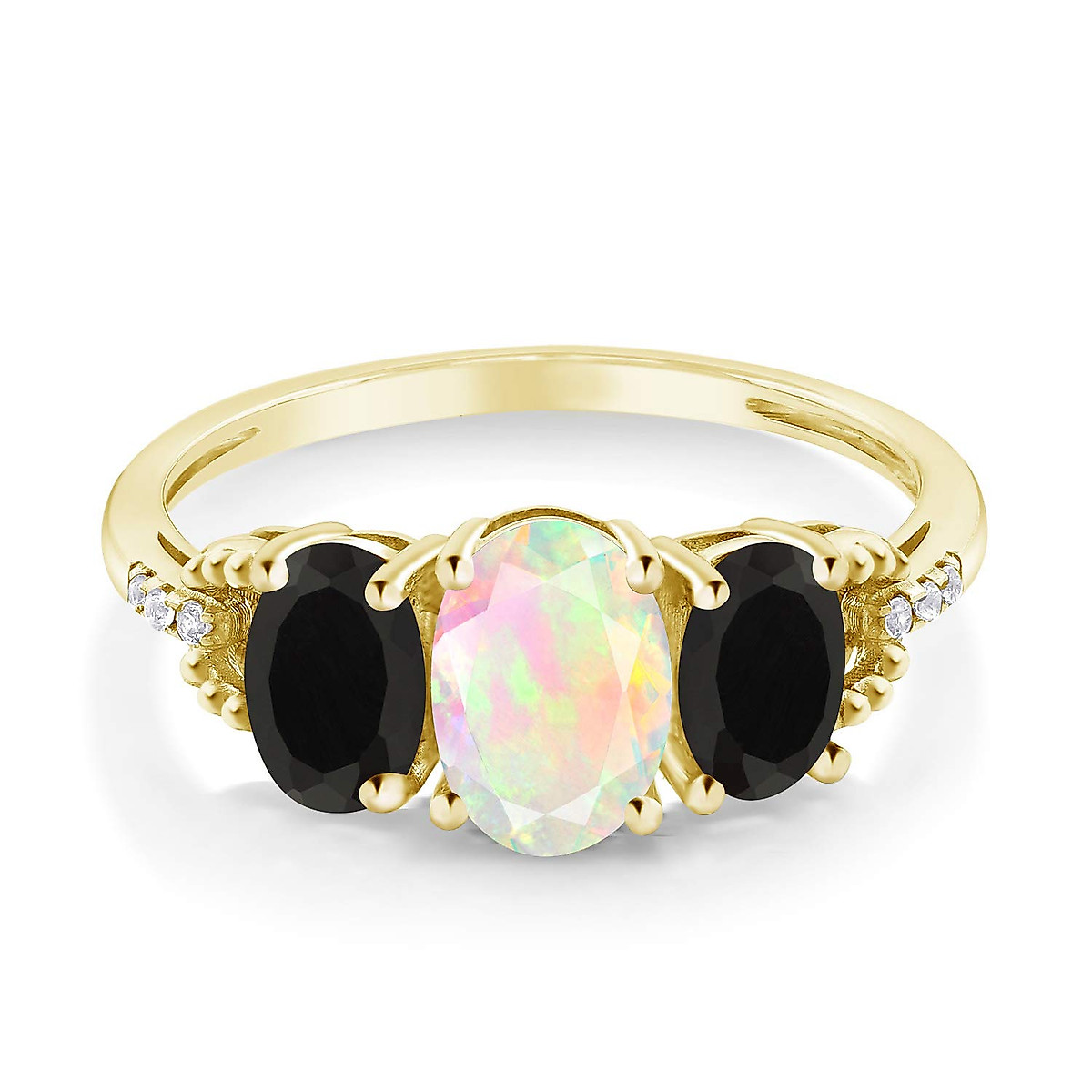 Gem Stone King 10K Yellow Gold Oval White Ethiopian Opal and Black Onyx 3-Stone Engagement Ring For Women (1.30 Cttw, Gemstone Birthstone, Available In Size 5, 6, 7, 8, 9)