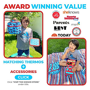 kinsho Bento Lunch Box Insulated Bag, Water Bottle & Ice Pack Set for Kids Toddlers, 4 Portion Sections, Removable Tray, PreSchool Kid Toddler Daycare Lunches, Snack Container, Blue Shark