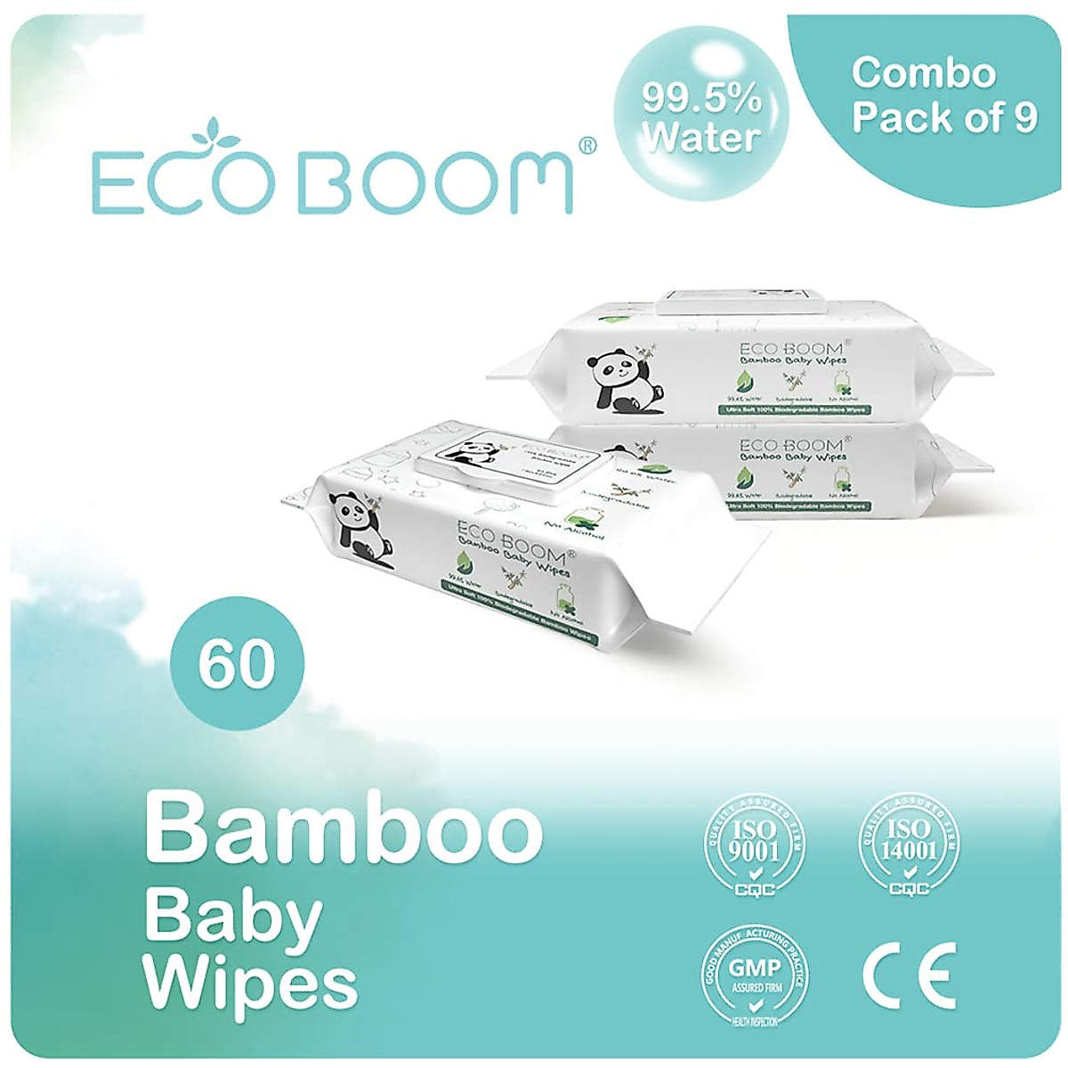 ECO BOOM Bamboo Wipes Eco 100% Baby Wet Wipes Ideal for Newborn Skin 540 Count Unscented