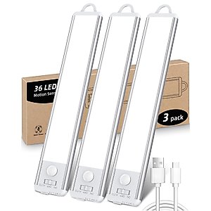 Under Cabinet Lights Motion Sensor:36-LED Closet Lights Under Counter Lights for Kitchen,1500 Mah Type C Rechargeable Cabinet Lights Motion Sensor Light Indoor Stick on Lights 3 Pack 9.6 Inch