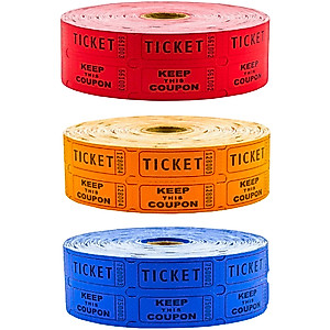 Toysery Multicolor Raffle Tickets - 6000 Tickets (3 Double Rolls of 2000 Tickets Roll), Consecutively Numbered Fundraiser 50/50 Raffle Tickets for Christmas Party, Concert, Carnivals & Other Event