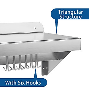 RIEDHOFF Metal Multifunctional Storage Rack with Backplash for Kitchen, [NSF Certified] 12" x 36" Stainless Steel Wall Mount Shelf with 6 Hooks for Hanging Pots, Pans,cookware in Home and Restaurant