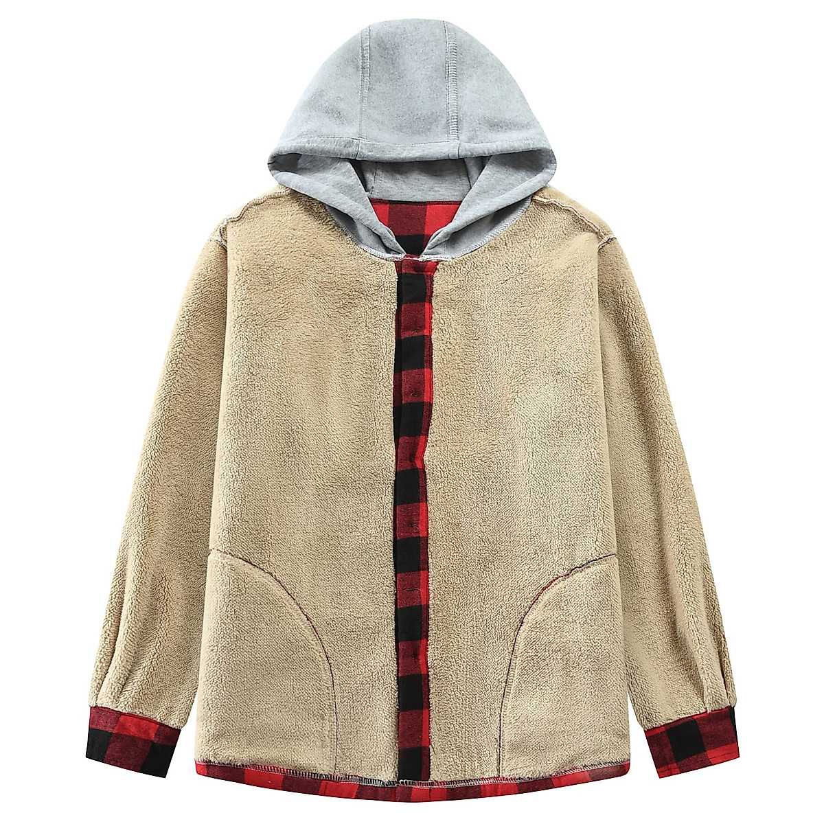 Derbars Men's Plaid Shirts Hoodie Casual Long Sleeve Flannel Shirt Jacket Winter Coat with Pocket Red Medium