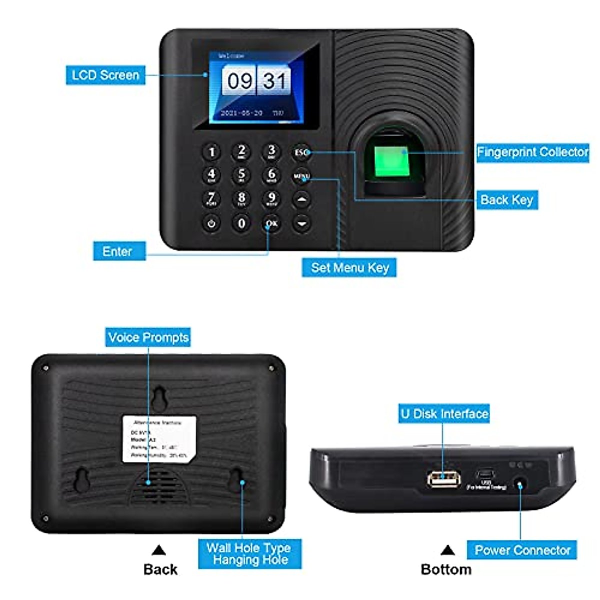 JIAN BOLAND Fingerprint Time Clock, Time Clocks for Employees Small Business, Clock in and Out Machine for Employees with Fingerprint, PIN No Monthly Fees with 8G U-Disk
