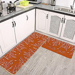 GEEORY Fall Kitchen Mats, Set of 2 Leaves Hello Fall Floor Mat Farmhouse Seasonal Holiday Party Decorative Home 17x29 and 17x47 Inch (Orange) GK066