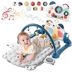 Lauon Baby Play Gym Mat, Bear Shaped 500,000 Tolerance Kick and Double Side Piano Thicken Activity Mat w 5 Detachable Toys, Tummy Time Mat Promote Motor Skills & Sensory Development Mat for Newborn