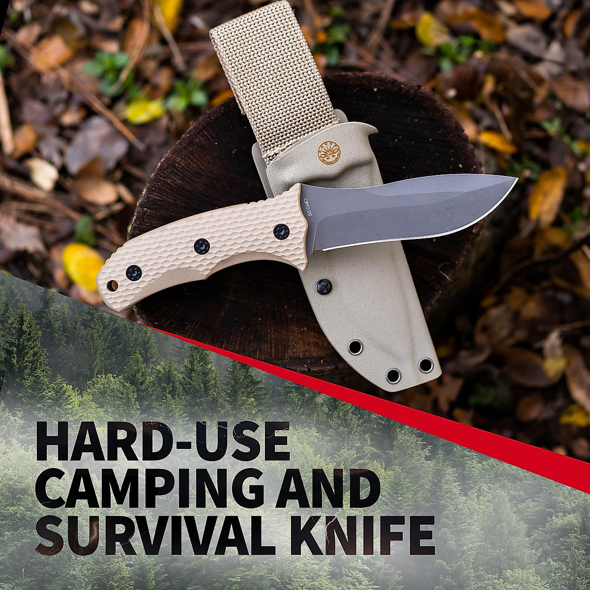 Off-Grid Knives - Backcountry Coyote V2 Fixed Blade - Cryo D2 Steel Knife with Graywash Finish, Full Tang, Coyote Tan G10 Scales, Kydex Sheath, Bushcraft, Hunting, Survival, Camping, Tactical Use